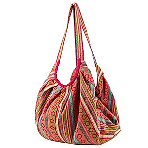 Pink Jacquard Cotton Shoulder Travel Canvas Tote Bag Hobo Style Casual Market Purse Handbag
