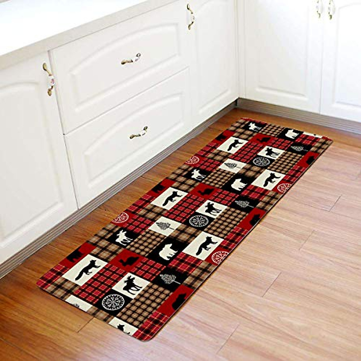 Kitchen Floor Door Mat,Christmas Red and Black Buffalo Check Plaid Bear Elk Wolf Tree Non Slip Kitchen Mats PVC Rugs for Bathroom,Floor Home,Office,Sink,Laundry,18"x47"