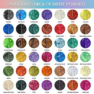 ZOCONE Mica Powder for Epoxy Resin, 42 Colors 0.35 oz (10g) Each Jar Mica Pigment Powder 11 PCS Spoons, Colors Mica Powder for Soap Making, Candle Making, Bath Bomb, Nail Art, Slime, Craft Projects