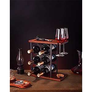 Fadak Wine Rack with Glass Stand, Countertop Wine Rack, Wooden Wine Rack with Trays, Perfect Home Decor & Kitchen Storage Rack, etc.(Accommodates 6 Bottles and 2 Glasses) (B)