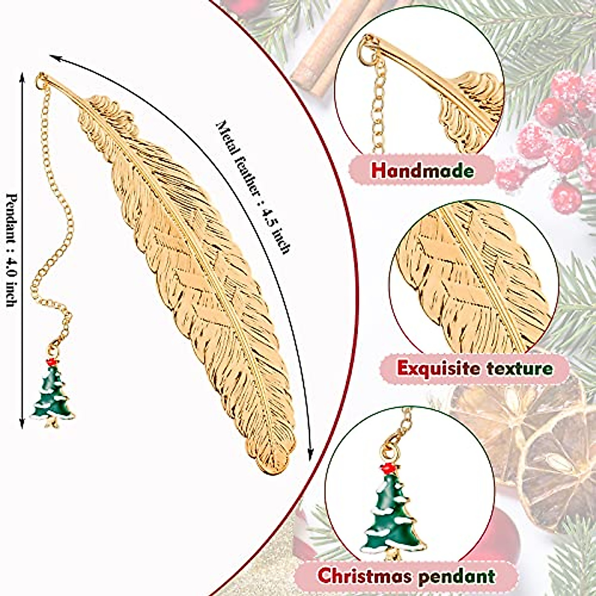 6 Pieces Christmas Series Metal Feather Pendant Bookmarks 3D Gold Feather Bookmarks Vintage Feather Bookmarks Beautiful Gi ft for Kids Students Teachers Friends Reading Page Marker Bookend