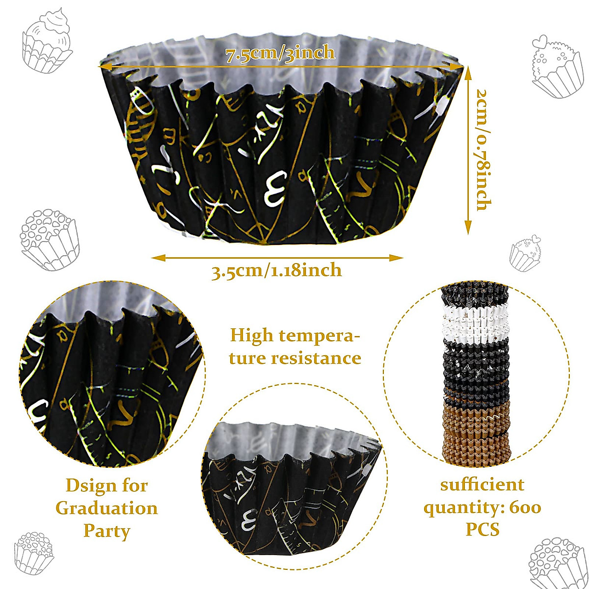 600 Counts Graduation Cupcake Liners Paper Mini Baking Cups Congrats Grad Baking Supplies Graduation Cap Mini Cupcake Liner Holiday Candy Paper Wrappers Making Supplies, 6 Styles