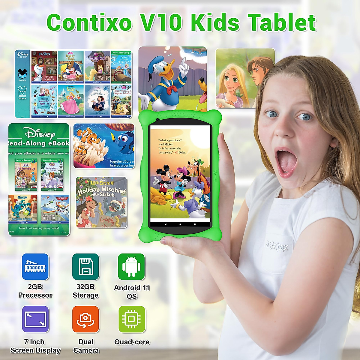 Contixo Kids Tablet V10, 7-inch HD, Ages 3-7, Toddler Tablet with Camera, Parental Control, 32GB,WiFi, Learning Tablet for Children with Teacher's Approved Apps, Kid-Proof Case & Stylus, Green