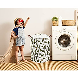 Sanjiaofen Nursery Laundry Basket Canvas Fabric Baby Boy Storage Bins,Collapsible Woodland Hamper,Waterproof Storage Baskets with Leather Handle,Forest Nursery Decor,Toy Organizer (Tree)