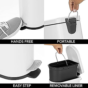 mDesign 10 Liter/2.6 Gallon Stainless Steel Metal Step Trash Can Garbage Bin for Bathroom, Bedroom, Home Office - D-Shape Trashcan with Foot Pedal/Lid, Removable Liner Bucket with Handles, White
