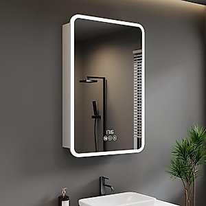 HBEZON Medicine Cabinet with LED Lights and Mirror, 24 x 36 Inch Surface or Recessed Mounted Bathroom Cabinet with Door, Clock&Temp, Defogger, Memory Function, 3-Color Mode, Outlet&USB, Dimmer