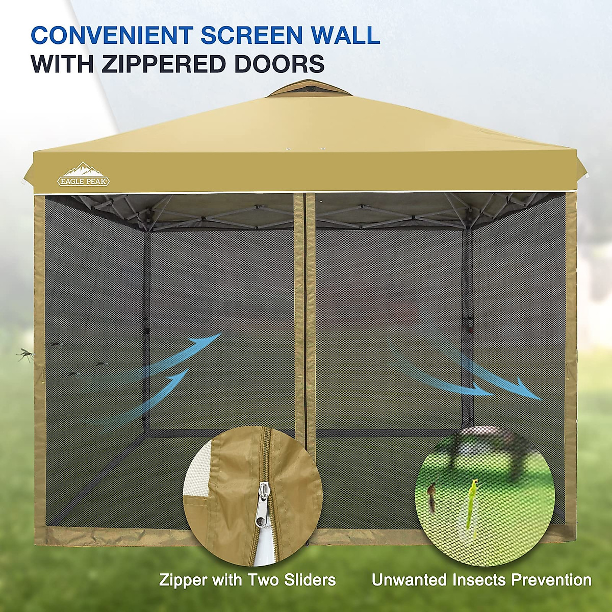 EAGLE PEAK 10x10 Outdoor Easy Pop up Canopy with Netting, Instant Screen Party Tent with Mesh Side Walls, Beige
