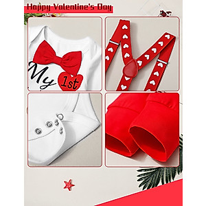 Dearnow Baby Boy Valentines Day Outfit 6-9 months My First Valentines Day Long Sleeve Romper+Suspender Pants+Hat 3Pcs Spring Outfit valentines baby boy outfit