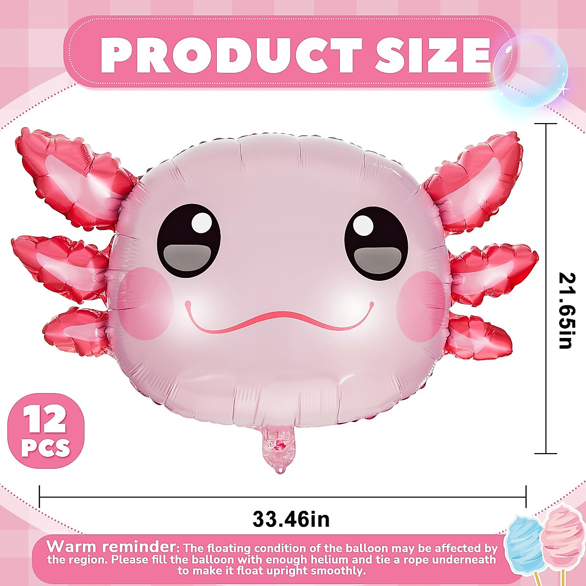 PullCrease 12 Pcs 34 Inch Axolotl Birthday Party Decorations Aluminum Foil Axolotl Balloon Inflatable Axolotl Party Supplies for Axolotl Fans Axolotl Themed Party (Pink)