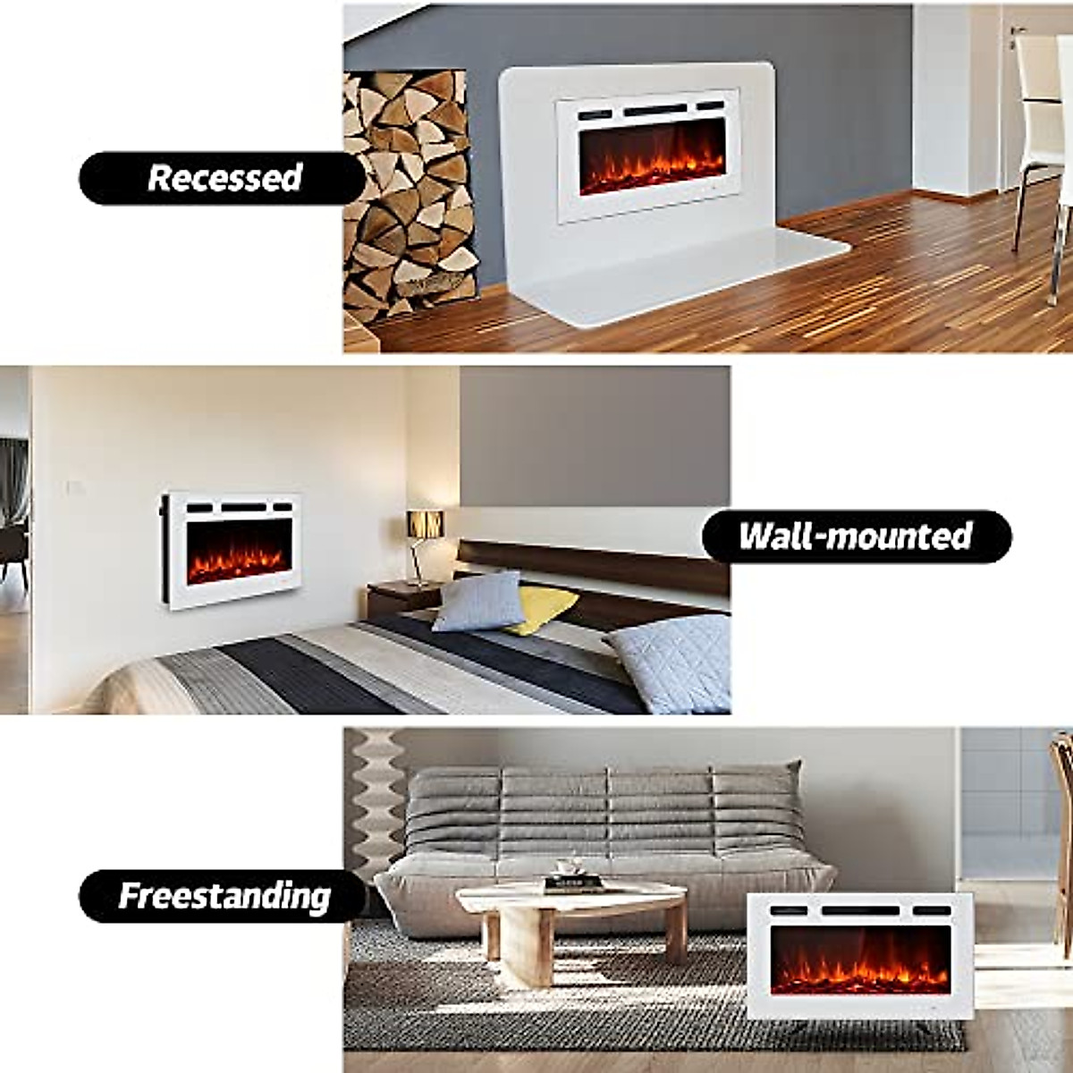 Maxhonor Electric Fireplace Insert Wall Mounted Freestanding Heater with Remote Control, 1500/750W (30 inch, White)