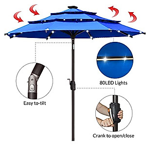 EliteShade USA Sunumbrella Solar 9ft 3 Tiers Market Umbrella with 80 LED Lights Patio Umbrellas Outdoor Table with Ventilation and 5 Years Non-Fading Top,Royal Blue