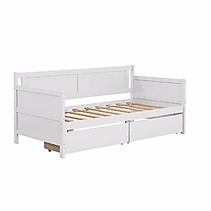 Lepfun Designs Twin Daybed with Two Drawers, Wood Twin Size Sofa Bed Frame with Wooden Slat Supports, Storage Daybed for Bedroom, Living Room (White, Twin with Drawers)