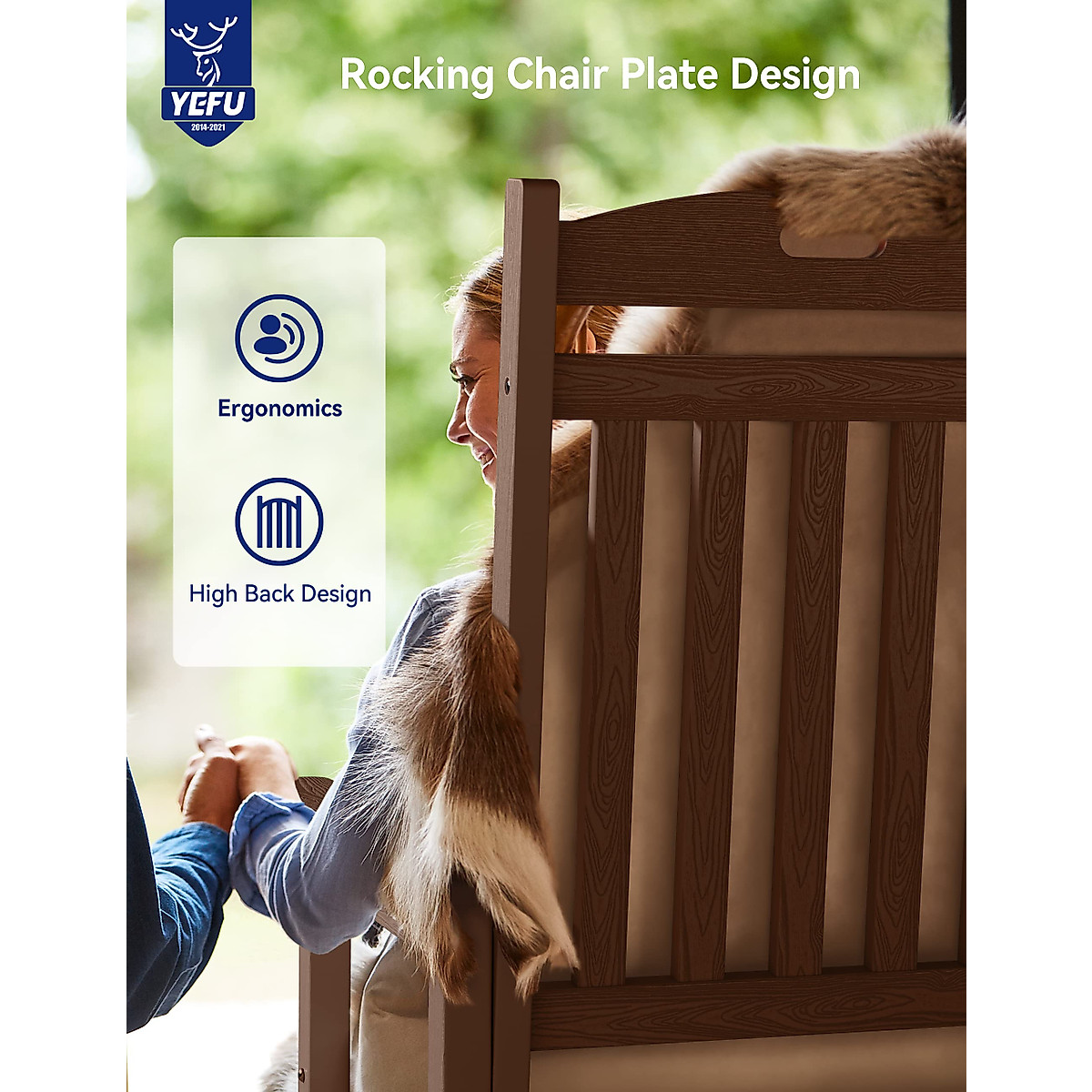 YEFU Outdoor Rocking Chair Oversized,Seat Depth 22",Backrest Height 31",Patio Poly Wide Rocker Chair with 380lbs Weight Capacity,Weather Resistant,for Lawn,Porch,Backyard,Indoor and Garden(Teak)