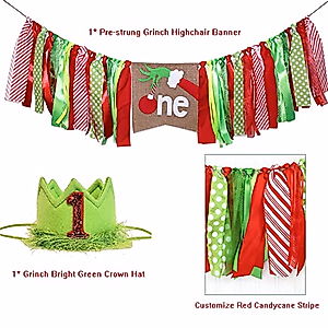 Christmas High Chair Banner, Christmas 1st Birthday Sign Banner, Candy Cane Red & Bright Green Highchair Garland,Christmas Crown Hat for Kids Christmas First Birthday, Photo Booth Props And Cake Smash