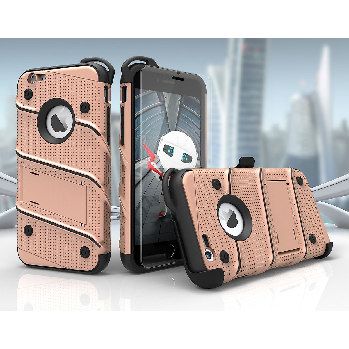 Zizo Dual Layer Military Grade Kickstand Bolt Holster Cover with 9H Tempered Glass Screen Protector for iPhone 6/ 6s - Rose Gold/ Black
