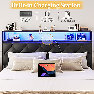 Lifezone Queen Bed Frame with 2-Tier Storage Faux Leather Headboard, Metal Platform Bed with 4 Storage Drawers, Built-in Charging Station & LED, Noise-Free/No Box Spring Needed, Black Diamond