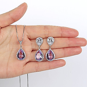 AMYJANE Wedding Jewelry Set for Bride - Sterling Silver Teardrop Amethyst Purple Cubic Zirconia Crystal Rhinestone Necklace Earrings Set Bridal Jewelry Set for Bridesmaids February Birthstone Jewelry