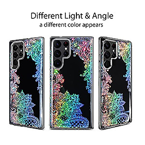 Coolwee Clear Glitter for Galaxy S22 Ultra - 6.8" Thin Flower Slim Cute Crystal Lace Bling Women Girl Floral Plastic Hard Back Soft TPU Bumper Protective Cover for Samsung S22 Ultra Mandala Henna