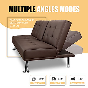 YESHOMY Futon Sofa Bed, Modern Faux Leather Convertible Folding Lounge Couch for Living Room with 2 Cup Holders Removable Soft Armrest and Sturdy Metal Legs, Black