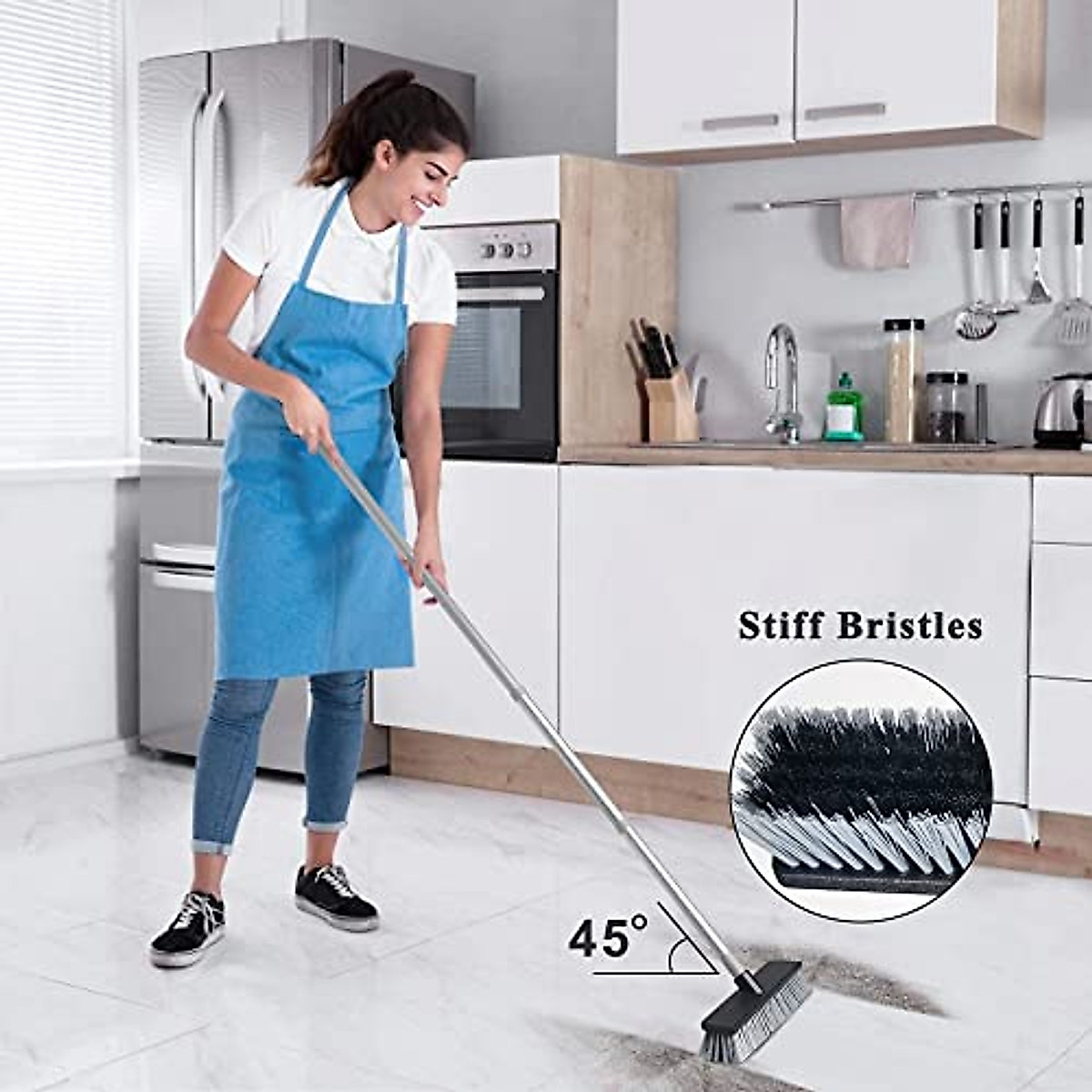 Hard Bristle Deck Broom Adjustable Long Handled Scrub Brush Heavy Duty Concrete Push Broom Outdoor Brush Garage Broom Wood Large Floor Scrubber 27-42 inch Balcony Broom -Multi Segment Handle