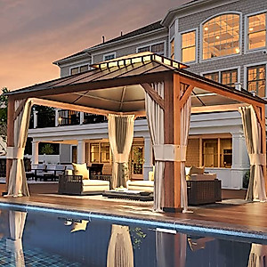 YOLENY 12' x 14' Ultra-Thick Columns and Beams Hardtop Gazebo, Metal Gazebo with Faux Wood Grain Aluminum Frame, Dual Material Double Roof, Outdoor Patio Gazebo Pergolas with Netting and Curtains