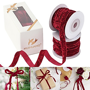 HUIHUANG Red Velvet Ribbon 3/8" Crushed Velvet Ribbon for Christmas Tree Ornaments, Gift Wrapping, Wreath Decoration, Invitations, Holiday Home Decor, Bows -10 Yards
