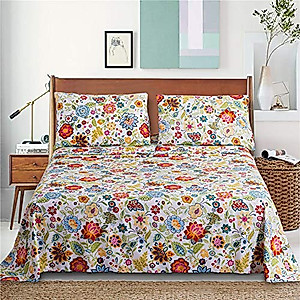 MEISHANG Queen Sheet Set Floral Printed Sheets Ultra Soft 100% Microfiber - 16 Inch Deep Pocket Breathable Comfortable Bed Sheet Set - 4 Pieces Spring Flower Queen
