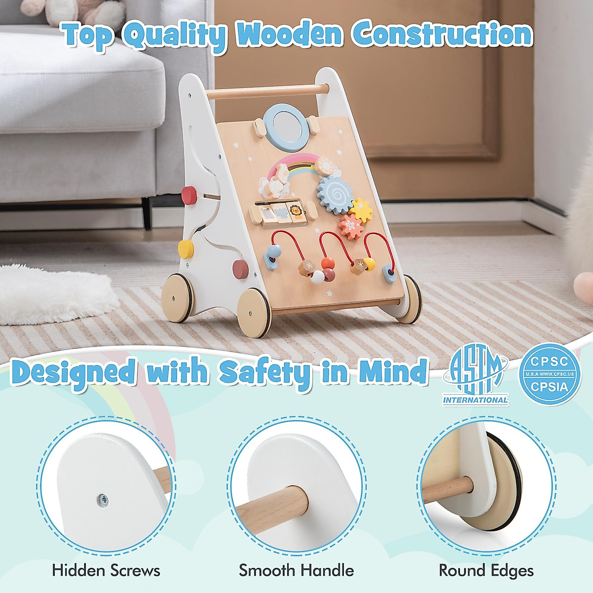 BABY JOY Wooden Baby Walker, Push and Pull Sit-to-Stand Learning Walker Activity Center, Toddler Montessori Educational Toy, Develops Motor Skills & Stimulates Creativity, Push Walker for Boys Girls