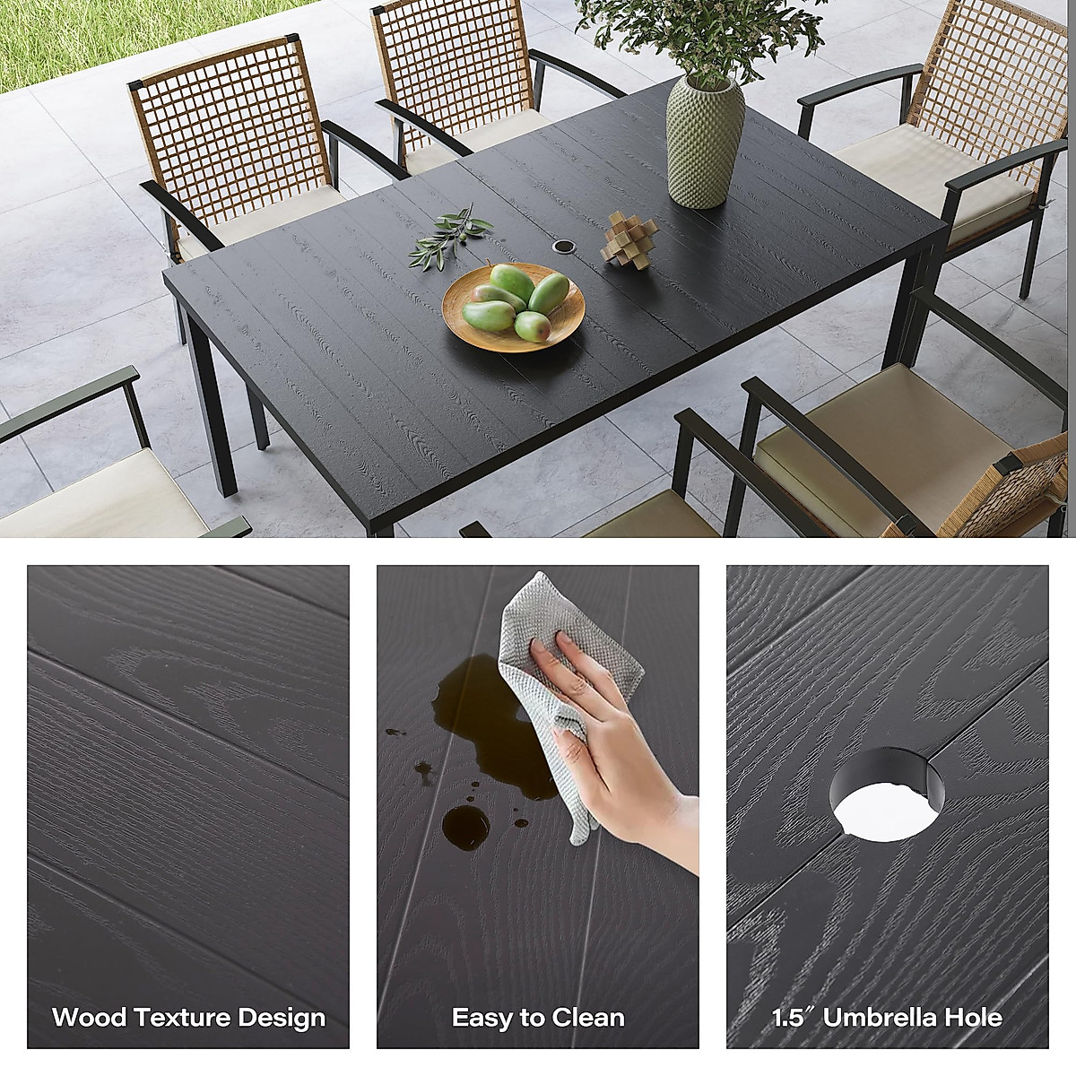 LAUSAINT HOME 7 Pieces Patio Dining Set, Outdoor Furniture Set of 6 Chairs with Soft Cushion and Iron Slats Table Top with Umbrella Hole, Conversation Set for Backyard, Garden and Poolside