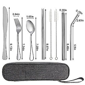 Reusable Utensils Set with Case Portable Travel Utensils Cutlery Set Stainless Steel Flatware Set for Camping 8pcs Including Dinner Knife Fork Spoon Chopsticks Boba Straw (Silver)