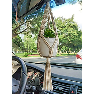 Mkono Mini Macrame Plant Car Accessories Rear View Mirrior Charm Cute Hanging Rearview Car Decor Boho Hanger with Artificial Succulent Plants Gifts for Plant Lover Set of 2, White