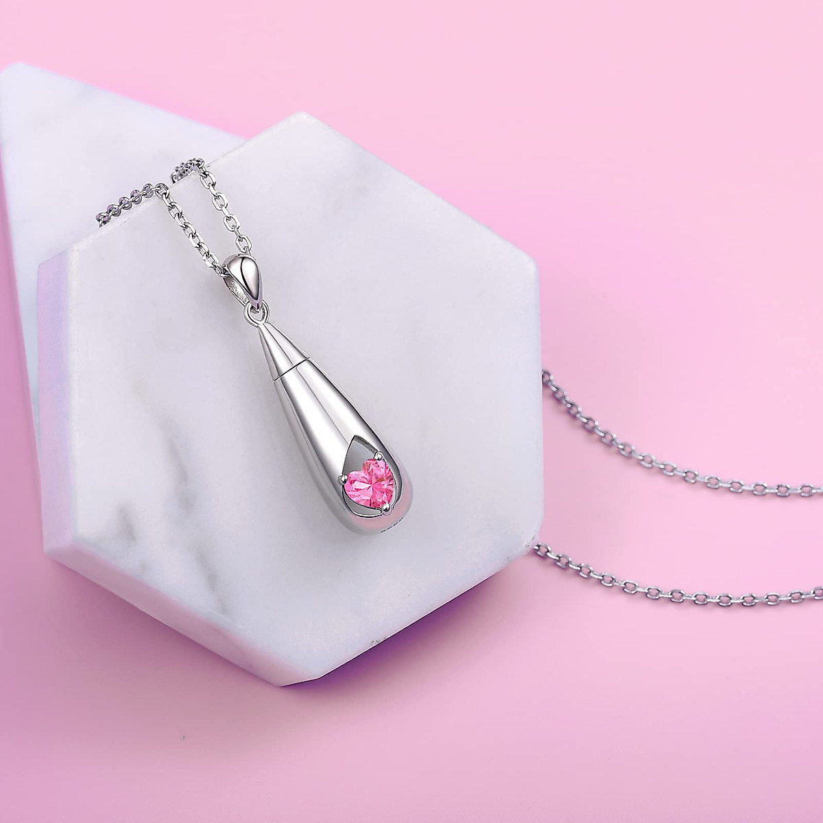 Cremation Jewelry, 12 Months Birthstone Urn Necklace for Ashes 925 Sterling Silver Teardrop CZ Memorial Ashes Keepsake Gift Cremation Jewelry for Ashes for Women