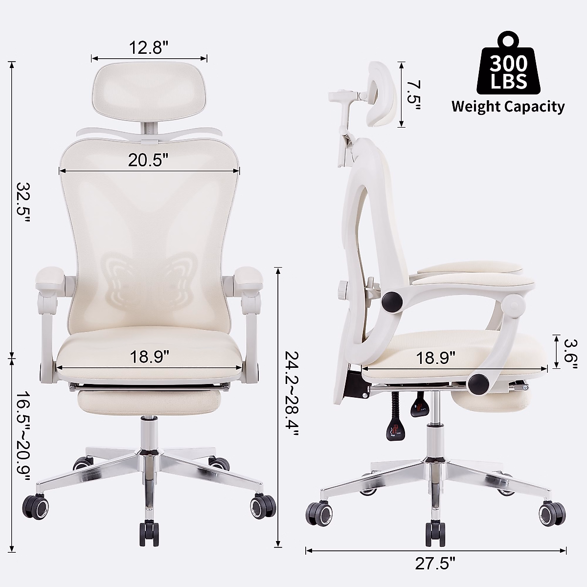 Hramk Ergonomic Office Chair with Footrest, Mesh Home Office Desk Chair with Adjustable Lumbar Support and Headrest, Comfortable Gaming Computer Chair for Study Work