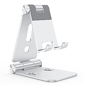 OMOTON Foldable Cell Phone Stand, C4 Portable Aluminum Phone Holder, Adjustable Phone Dock Cradle Compatible with iPhone 14/13/12/11 Pro Max, Samsung Galaxy, Small Tablets and Other Phones, Silver