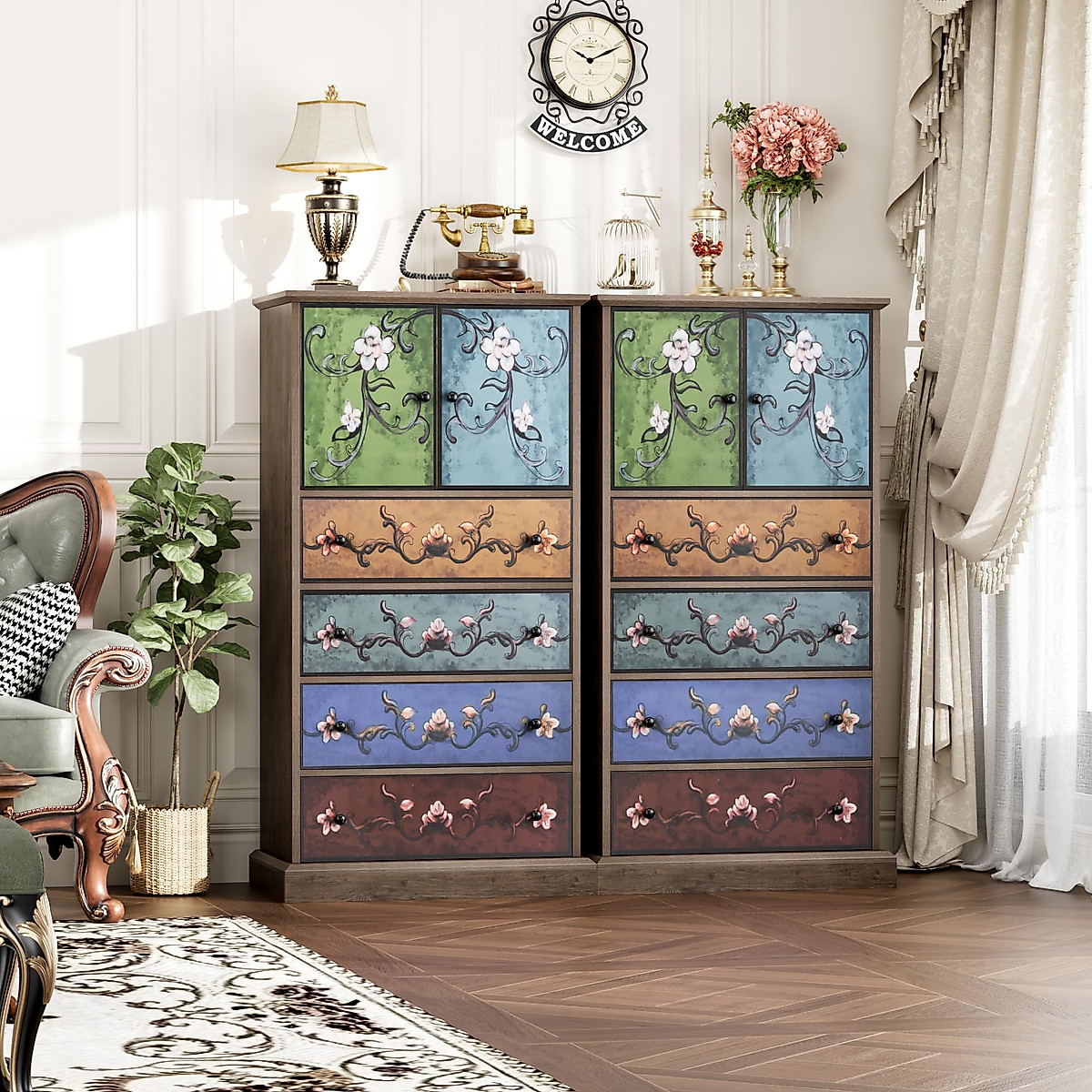 finetones 50’’ Tall Dresser, Boho Dresser Vintage Dresser with 4 Drawers and 2 Doors, Wood Dresser Chests of Drawers for Home, 16.1D x 23.6W x 50H Inch