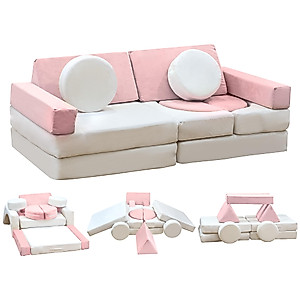 Stmoze 13PCS Modular Kids Play Couch, Kids Couch with Washable Velvet Cover, Modular Couch for Boys and Girls, Convertible Foam and Floor Cushion for Nursery Playroom, Pink & Beige