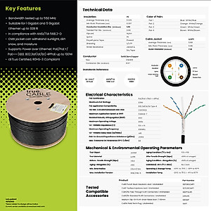 trueCABLE Cat6 Direct Burial, 1000ft, Waterproof, Outdoor Rated CMX, Black, 23AWG Solid Bare Copper, 550MHz, PoE++ (4PPoE), ETL Listed, Unshielded UTP, Bulk Ethernet Cable