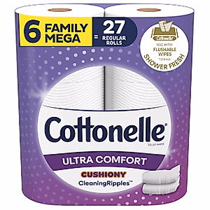 Cottonelle Ultra Comfort Toilet Paper with Cushiony CleaningRipples Texture, Strong Bath Tissue, 6 Family Mega Rolls (6 Family Mega Rolls = 27 Regular Rolls), 325 Sheets per Roll