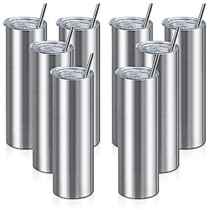 XccMe 20oz Straight Skinny Tumblers Bulk,Stainless Steel Tumbler with Straw,8 Pack Double Wall Slim Insulated Tumbler for Travel,Coffee,Tea, Beverages,Diy Gift For Men Women Friends(Silver)