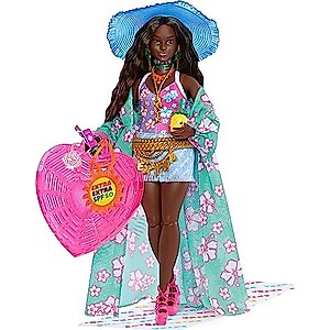 Barbie Extra Fly Doll with Beach-Themed Travel Clothes & Accessories, Tropical Coverup with Oversized Hat & Bag