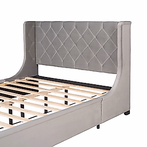 HBRR Queen Size Platform Bed Frame with Wingback Headboard and a Big Drawer, Velvet Upholstered Storage Bed, Wooden Slats Support, No Box Spring Needed, Easy to Assemble, Gray