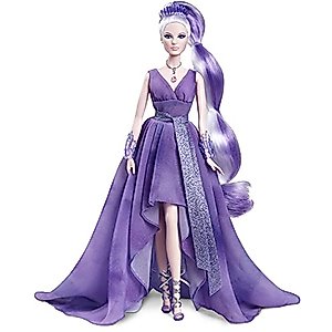 Barbie Crystal Fantasy Collection Amethyst Doll (13-in, Platinum Hair) with Genuine Amethyst Stone Necklace, Wearing Gown and Accessories, Gift for Collectors