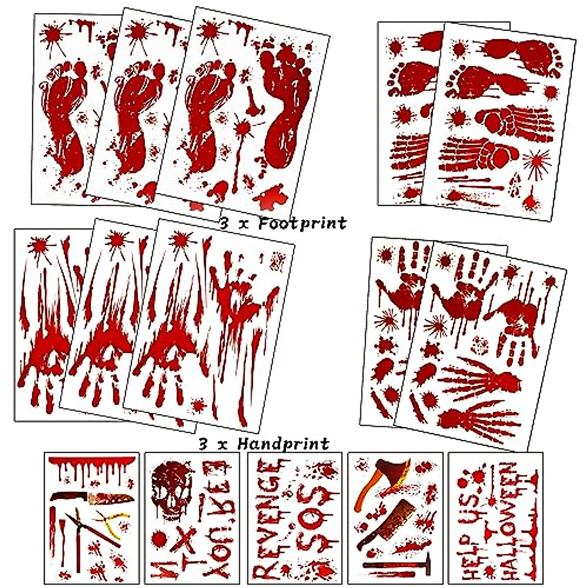 Halloween Decorations 170 PCS Halloween Window Clings, Bloody Handprint Footprint Halloween Wall Decal Floor Clings with Tattoo Stickers, Scary Halloween Decoration Window Stickers
