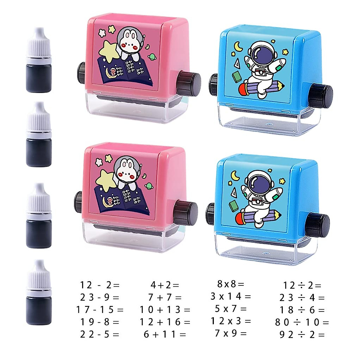 Math Roller Stamp for Addition Subtraction Multiplication Division, Roller Number Teaching Practice Math Stamp Roller Digital Teaching Stamp, Math Practice Number Rolling Stamp (4 Pcs -All)
