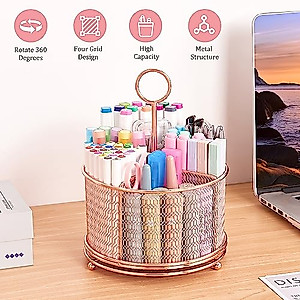 Spacrea Pen Holder for Desk - 360°Degree Rotating Pen Organizer, Desk Organizer with 4 Compartments, Pencil Holder for Desk, For School, Classroom, Office, Art Supplies(Rose Gold)