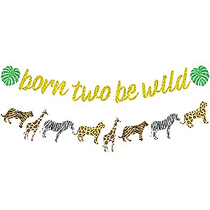 Born Two Be Wild Banner Gold Glitter Animal Print Cheetah Garland, Jungle Safari Theme Wild Two Second Birthday Party Decorations for Kids