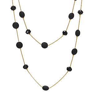 COOLSTEELANDBEYOND Gold Statement Necklace Two-Strand Long Chains with Black Resin Beads Charms Pendant, Dress Prom