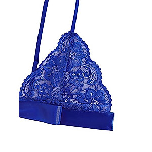 SweatyRocks Women's Sexy Floral Lace Scalloped Trim Self Tie Panty Mesh Lingerie Set Dark Blue Small