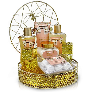 Valentines Day Perfume Set, Bath and Body Gift Basket For Women, 13pc Set of White Rose & Jasmine Cosmetic and Home Spa Set with Bath Bombs, Body Mist, Perfume, Intricate Gold Perfume Holder and More