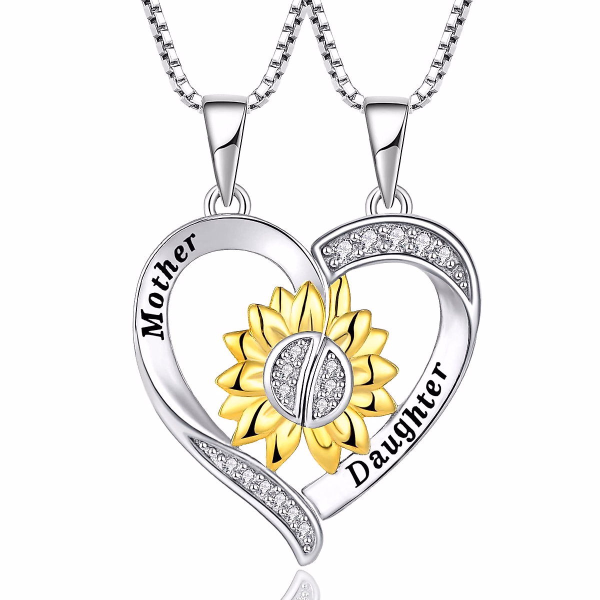 CUSUA Mother Daughter Necklace 925 Sterling Silver Sunflower Heart Matching Pendant Necklace Set for 2 | Mothers Day Gifts From Daughter Unique